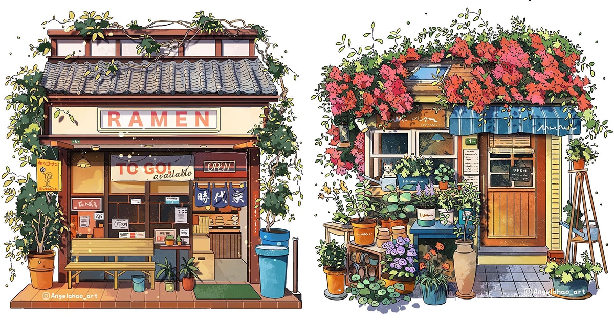 Comforting Illustrations of Japanese Storefronts With Whimsical ...