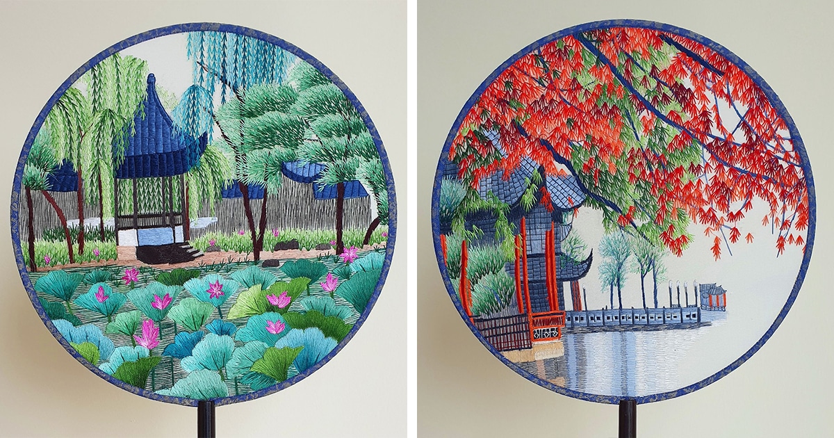 Beautiful Double-Sided Hand-Stitched Silk Fans Made by Traditional ...