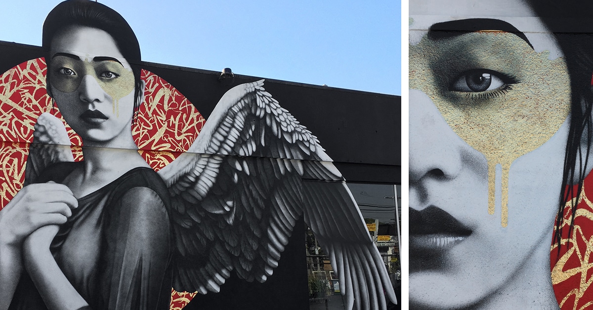 Gorgeous Mural of Angel Wearing a Gold Leaf Mask Pops Up in Los Angeles ...