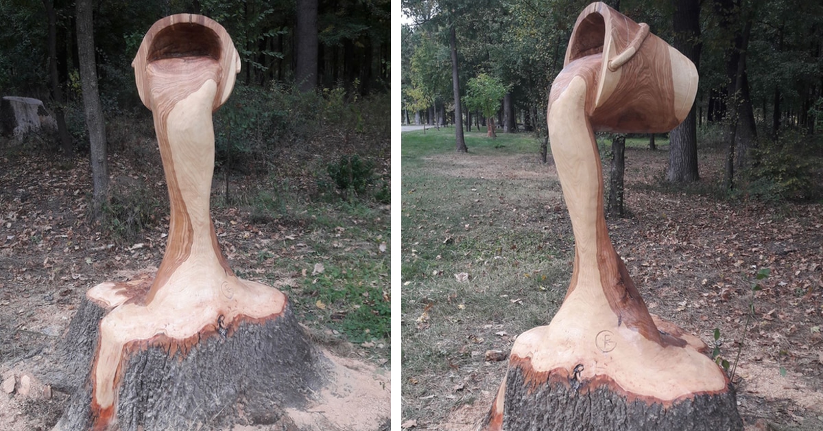 Chainsaw Artist Turns Tree Stump into Illusion of Bucket Pouring Water ...