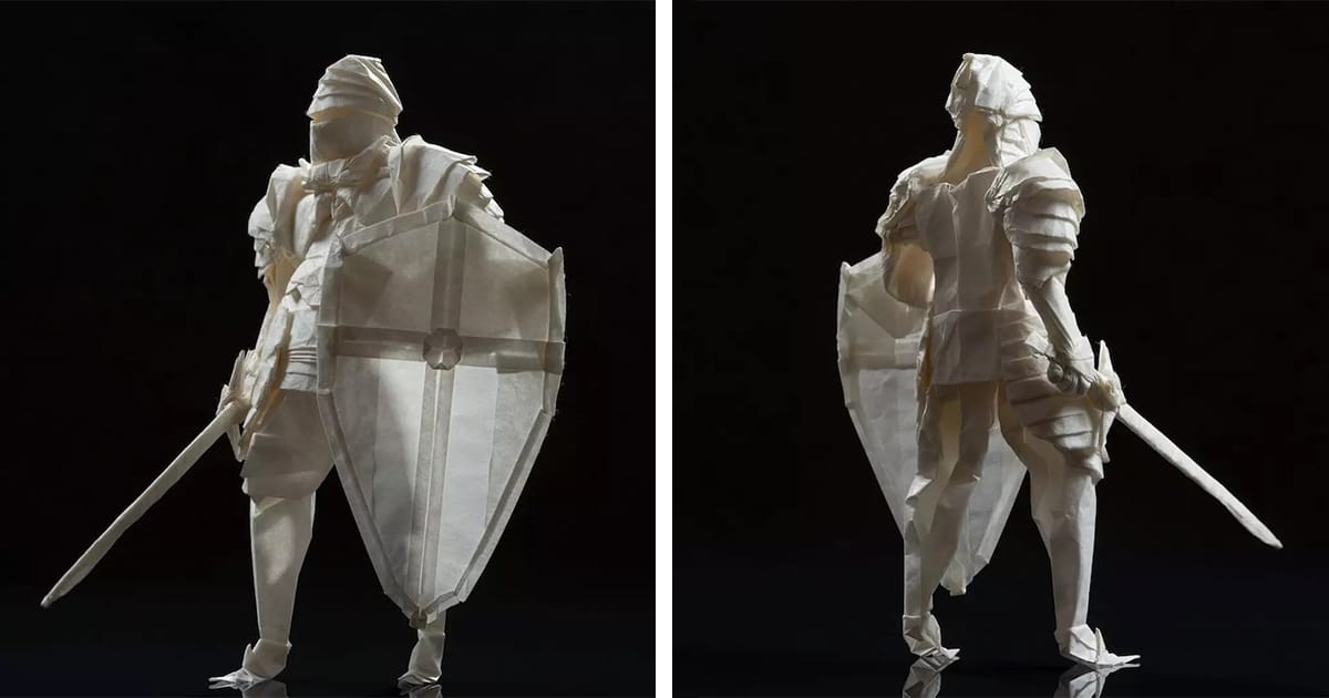 Origami Artist Creates Medieval Knight With a Sword and Shield From a ...