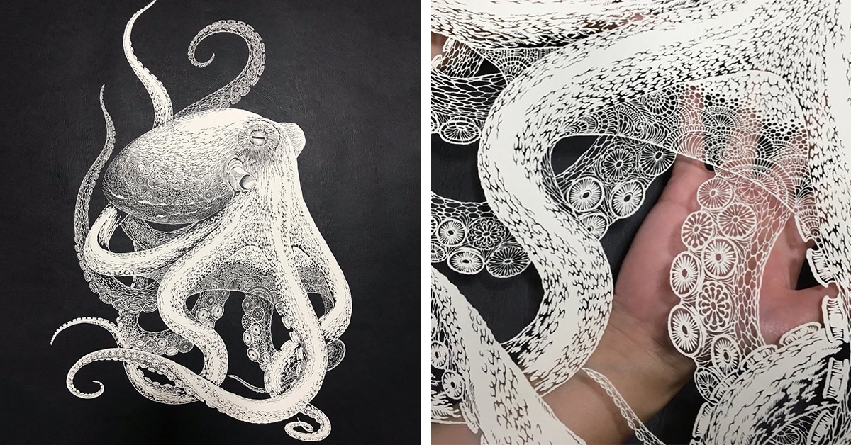 Japanese Artist Hand-Cuts Intricate Octopus From Single Sheet of Paper ...
