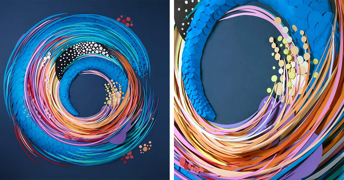 Numerous Strips of Colorful Paper Capture the Energy of Birds in Motion ...