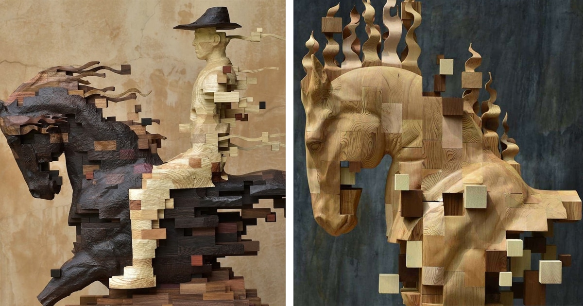 Wooden Sculptures of People and Animals Look Like Pixelated Glitches in ...
